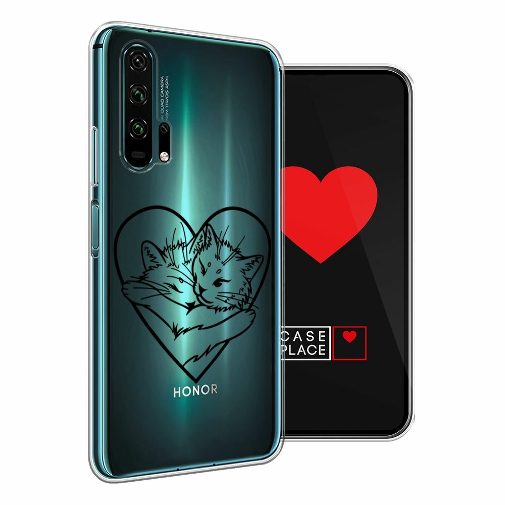 Чехол на Honor 20 Pro / Хонор 20 Про с принтом "Влюблённые котики рисунок 3 - 14 февраля", прозрачный — фото 1