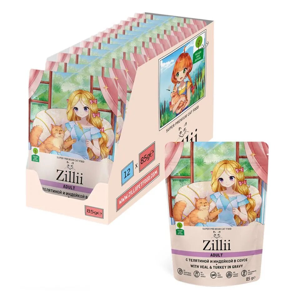 Влажный корм Zillii Adult Cat Veal Turkey для кошек с телятиной и индейкой в соусе, 12х85гр