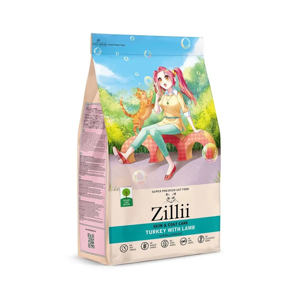 Сухой корм Zillii Skin & Coat Care для кошек для здоровья кожи и шерсти с индейкой и ягненком - 2кг