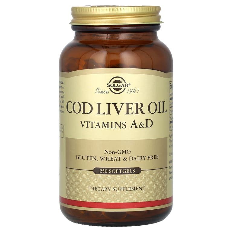 Solgar Cod Liver Oil Vitamin A and D, Жир из печени трески с витаминами А и Д 250 гелевых капсул