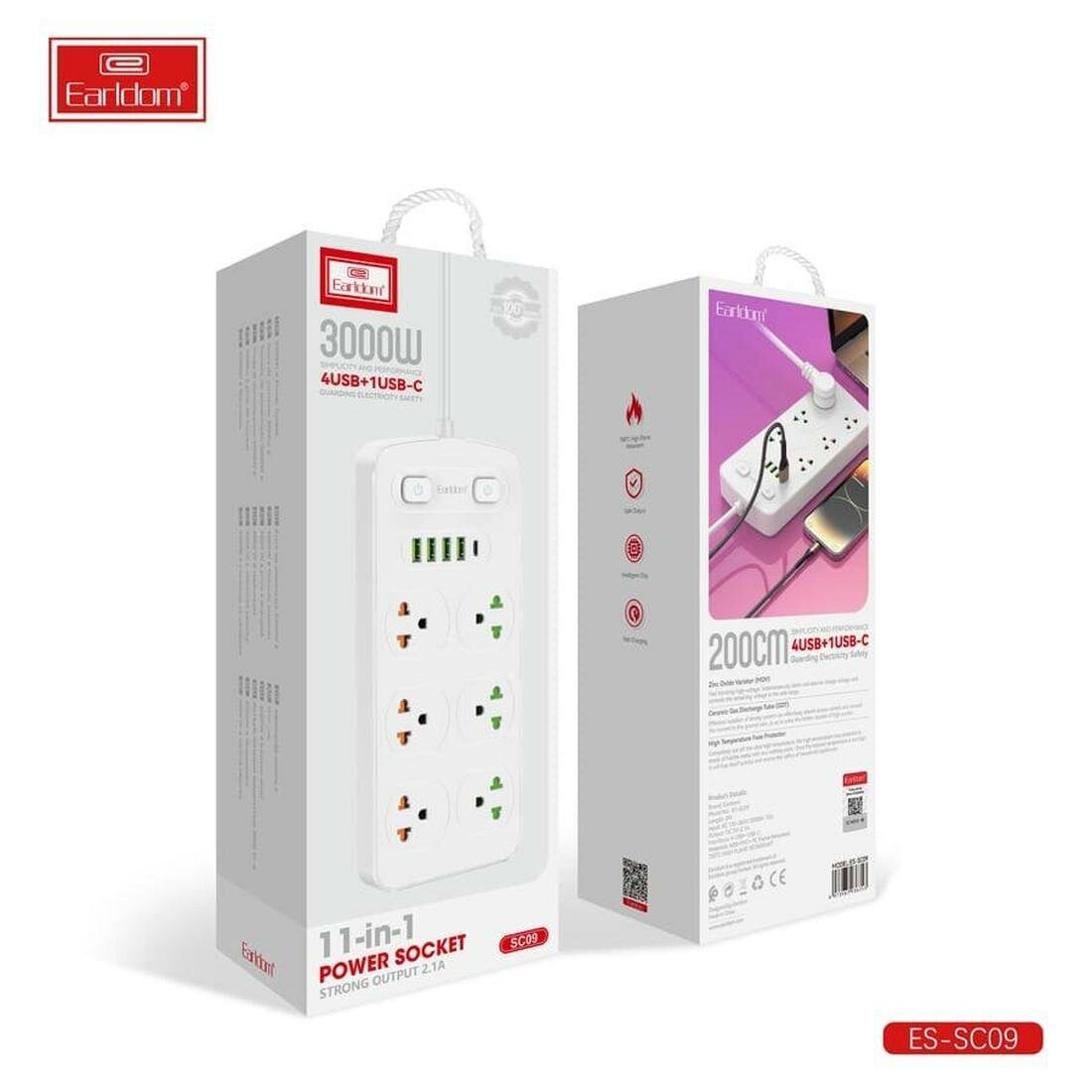 Сетевой Фильтр Удлинитель Earldom ES-SC09 EU, 6 розетки+4USB+Type C PD,2.1A