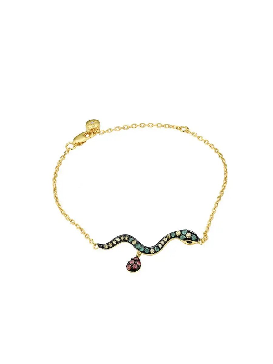 Браслет-цепочка, серебро, 925 проба, золочение, фианит, агат