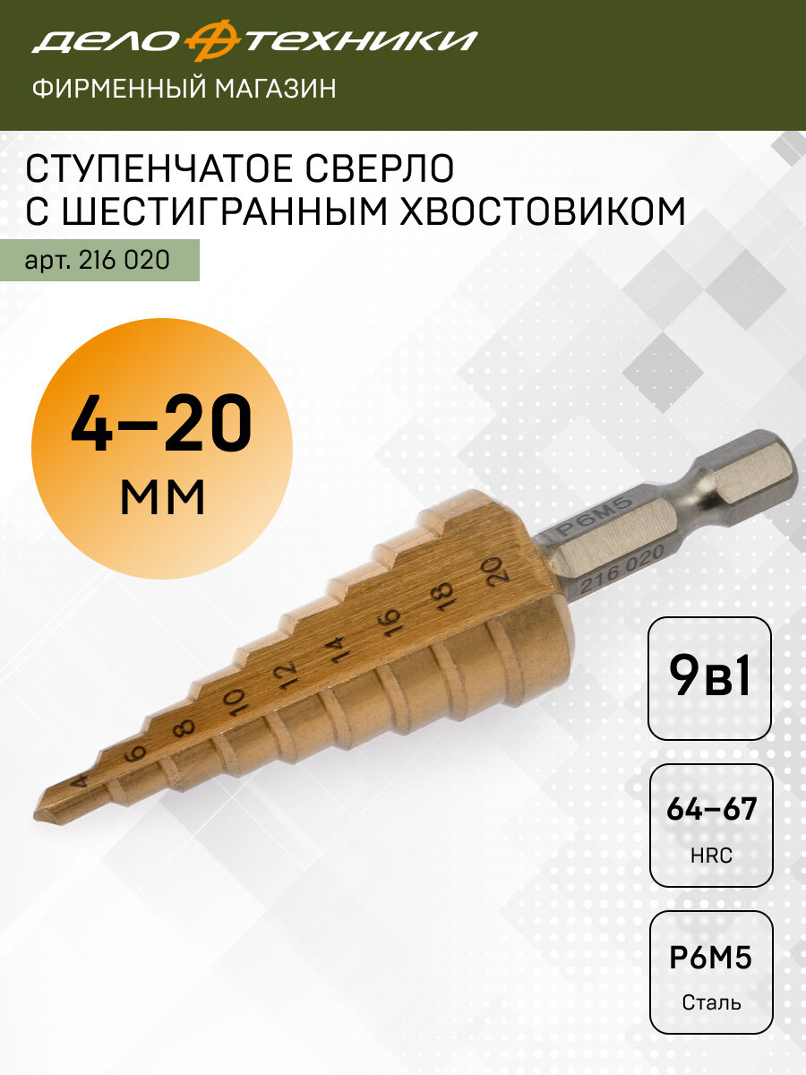 Сверло ступенчатое по металлу Дело Техники с шестигранным хвостовиком Ø4-20мм, 216020