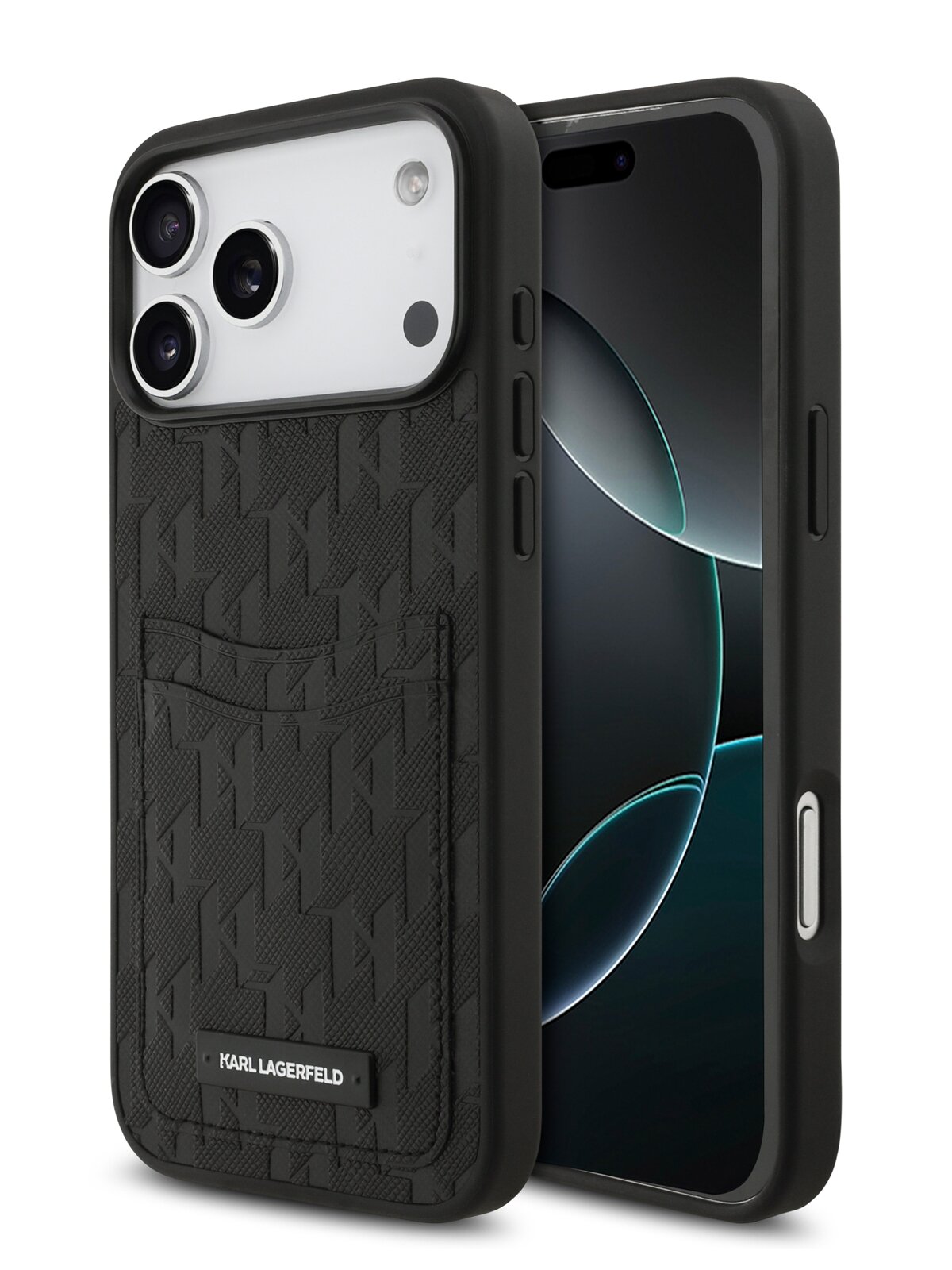 Karl Lagerfeld чехол с карманом для карт на iPhone 17 Pro, PU кожа Saffiano Monogram, черный