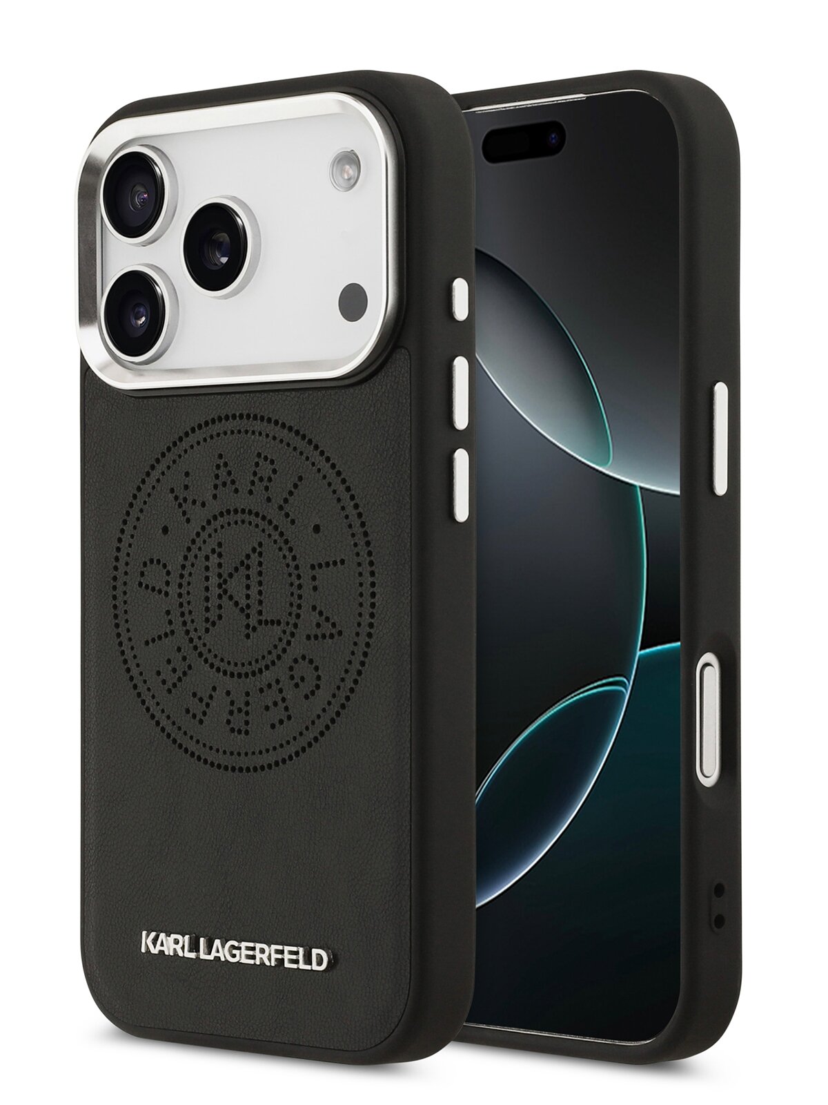 Karl Lagerfeld чехол с MagSafe для iPhone 17 Pro, PU кожа с принтом Perforated Round logo, черный