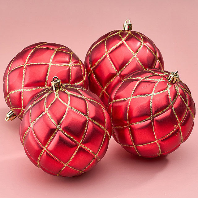 Елочные шары Matelasse 10 см красный, 4 шт, пластик, Winter Deco, 1000504