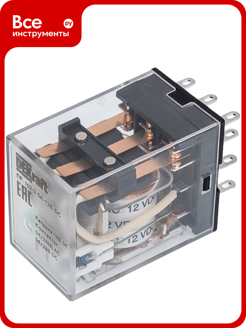 Промежуточное реле DEKraft 3-контактное, с led инд. 5а 12в dc пр-102 23869DEK, управления нагрузками