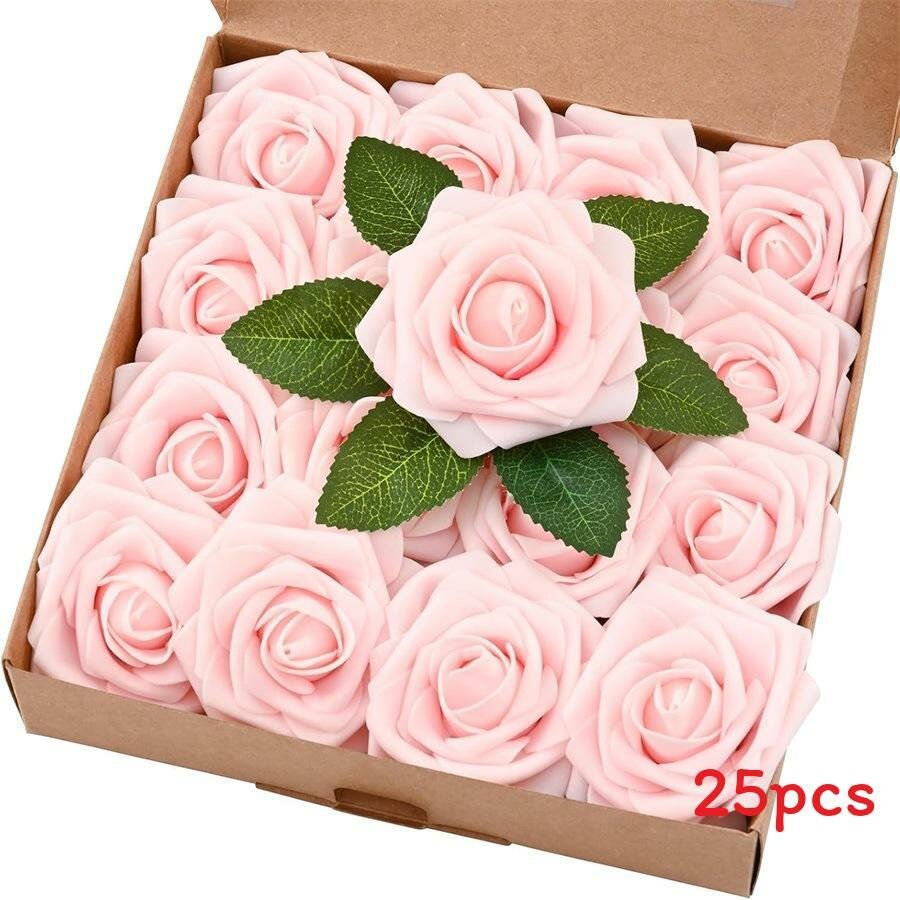 Foam rose flower head for wedding and party decor with stem for photography and gift light pink