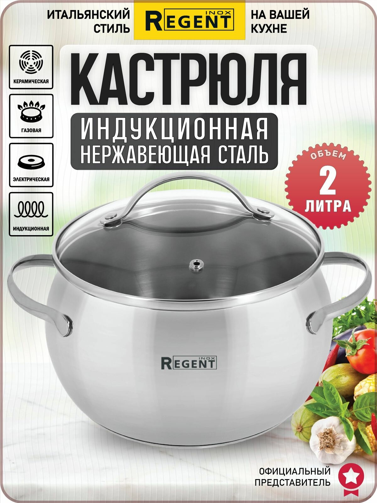 Кастрюля из нержавеющей стали со стеклянной крышкой 2 л / Кастрюля для индукционной плиты 16х9,5 см