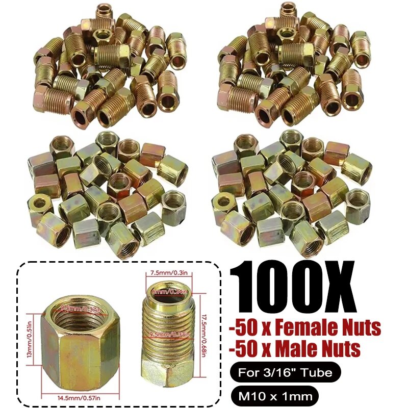 100X фитинг тормозной трубы с наружной и внутренней резьбой M10 x 1 мм, метрические гайки, винт для тормозной трубки 3/16 дюйма, концевые соединительные болты шланга, разъем тормозной линии
