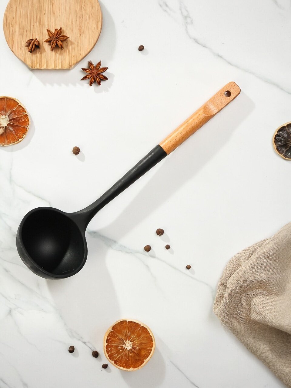 Половник для кухни, бамбук, силикон, черный, Daniks, Black, WFCFA-0038-3