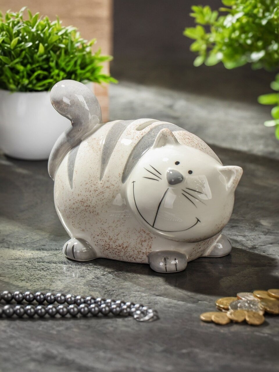 Копилка Котофей серого цвета, 12х10х10 см, керамическая, для монет, декор, Китай