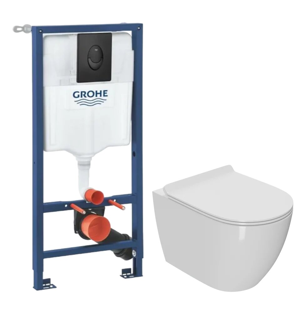 Комплект 2 в 1 Унитаз подвесной Bauedge Bau Ceramics / Инсталляция с кнопкой Grohe Rapid SL 1000044 цвет черный