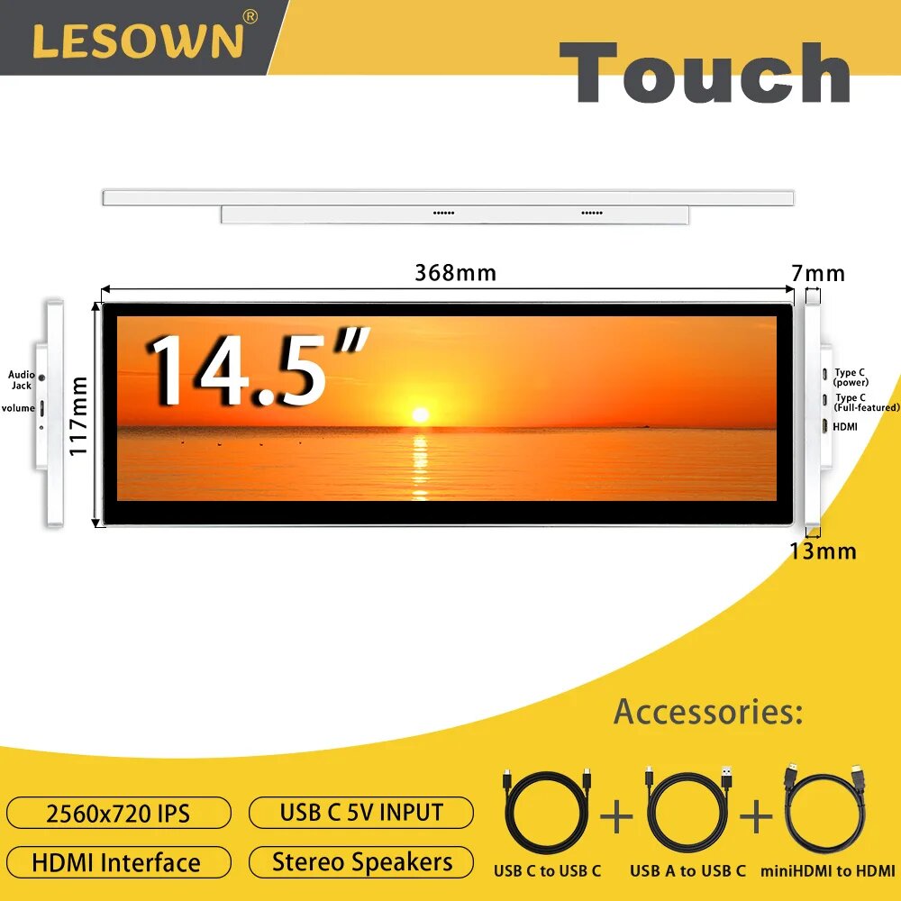 LESOWN растянутый полосовой дисплей, 14,5-дюймовый портативный монитор, 2560 × 720 IPS, вспомогательный экран, камера, видеополевой дисплей для ПК