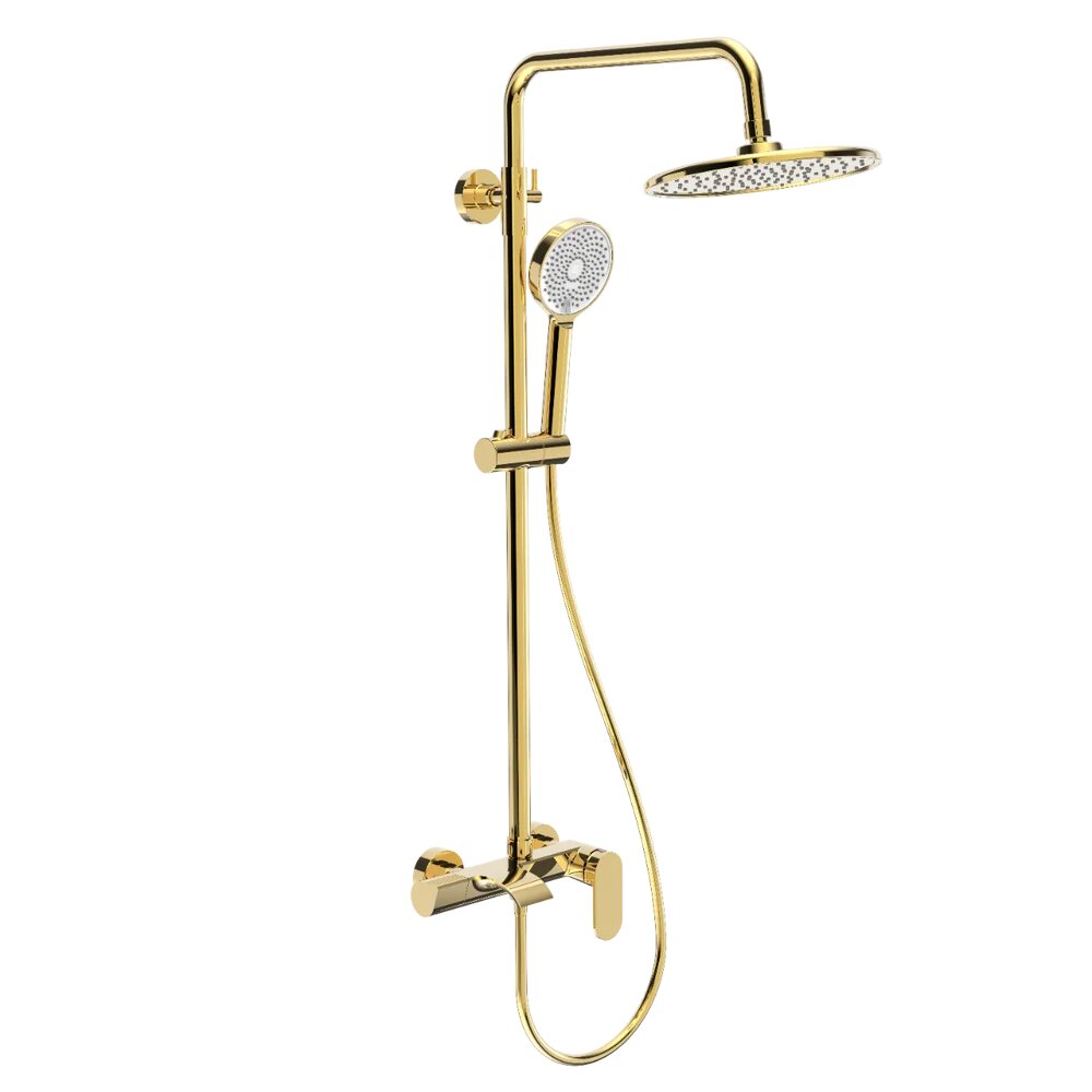 Душевая стойка STWORKI Вестфолл W1H306-G со смесителем, золотая, глянцевая, с тропическим душем, с изливом, с лейкой, душевая система, латунная, рычаг сбоку