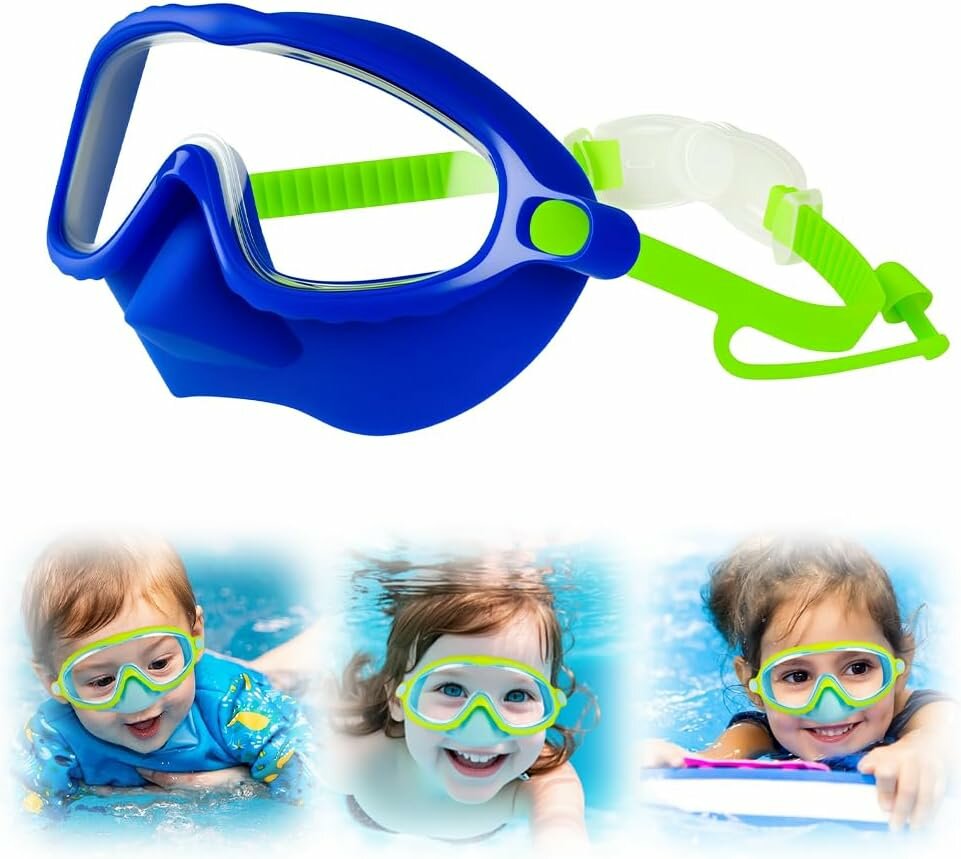Kids Goggles with Nose Cover, Toddler Clip on Goggles Swim Mask with HD Large Frame, Anti-Fog No Leak Diving Mask for Kids Youth 4-16