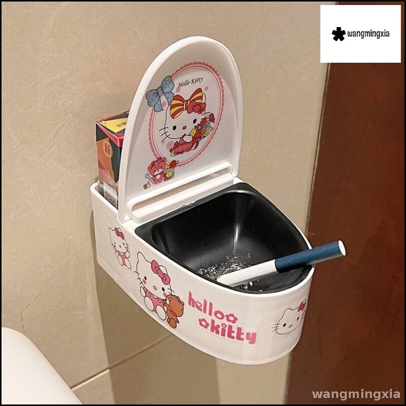 Урна в виде маленького унитаза с крышкой, с наклейкой "hello kitty", белая