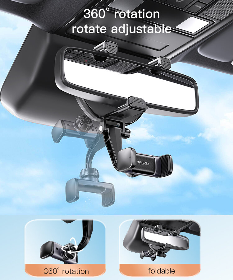 Держатель на зеркало заднего вида YESIDO C193, для смартфона до 7", Черный