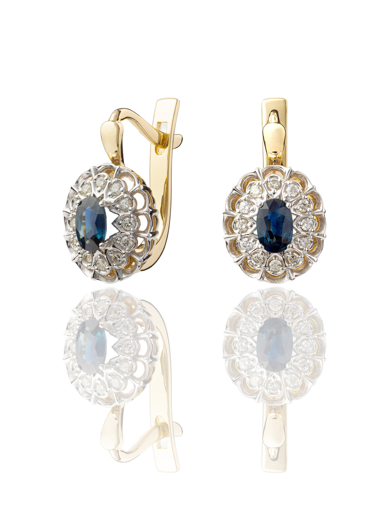 Серьги, желтое золото, 585 проба, бриллиант, сапфир