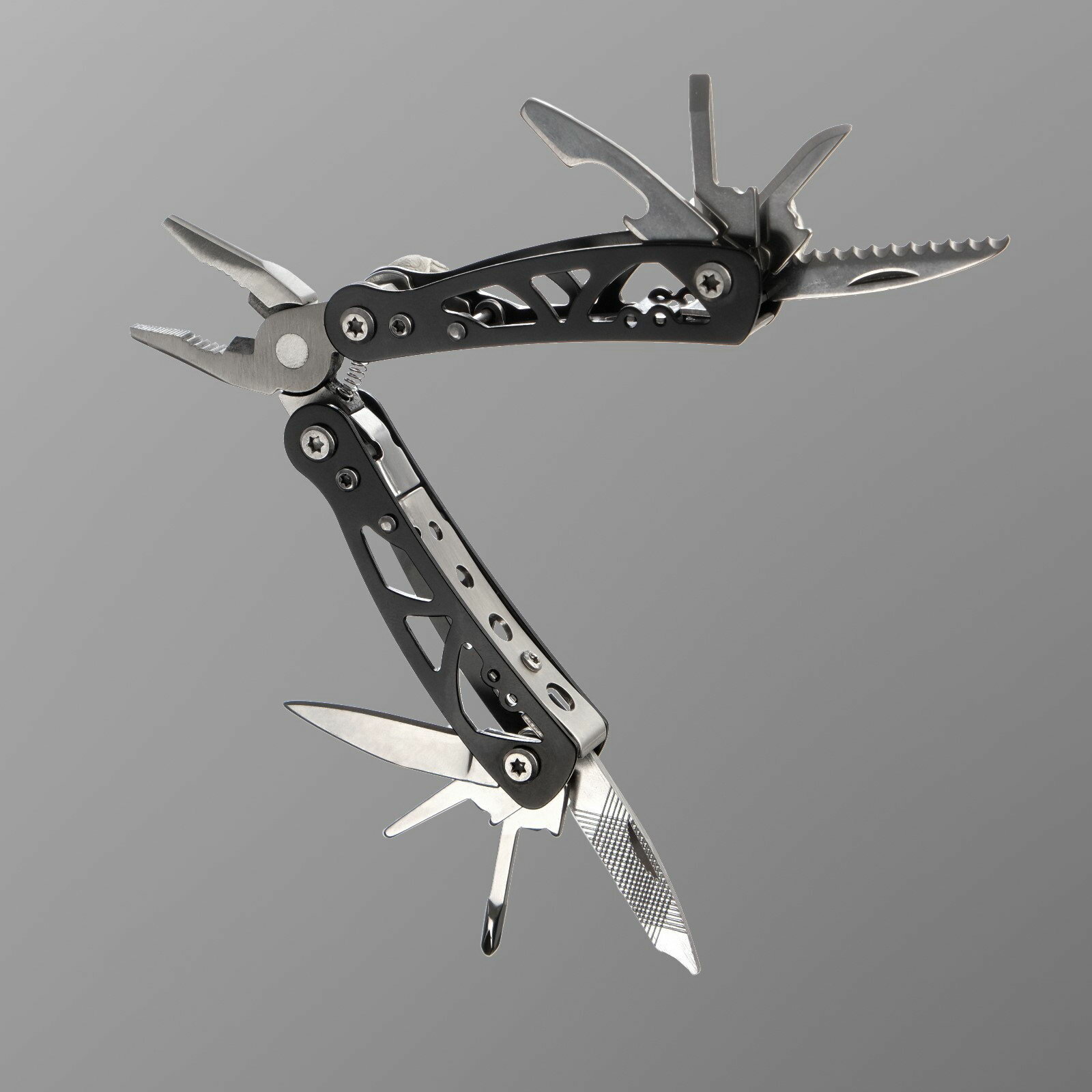 Мультитул 9в1 с плоскогубцами, черный, размер упаковки: 4 x 2 x 9.5 см.