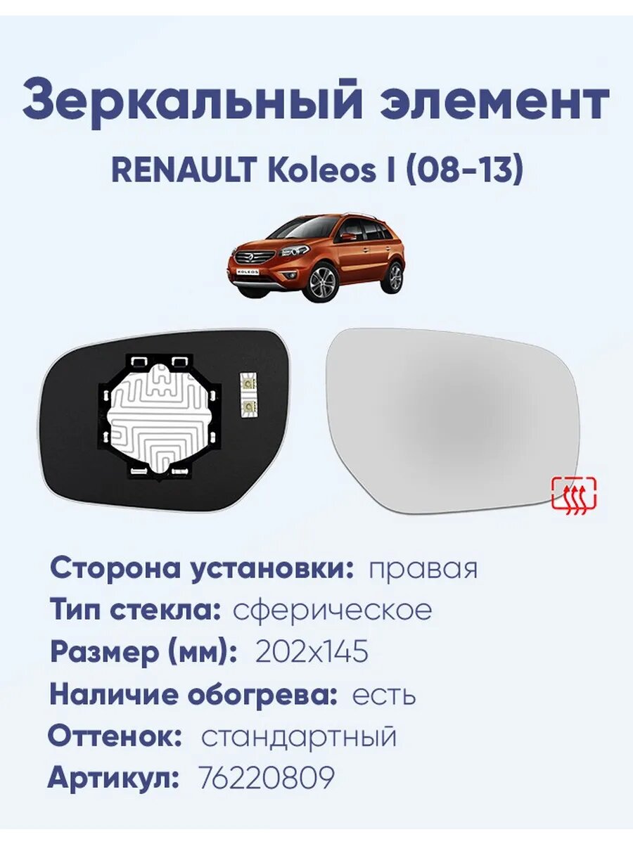 Зеркальный элемент правый RENAULT Koleos I (08-13) сфера нейтральный с обогревом