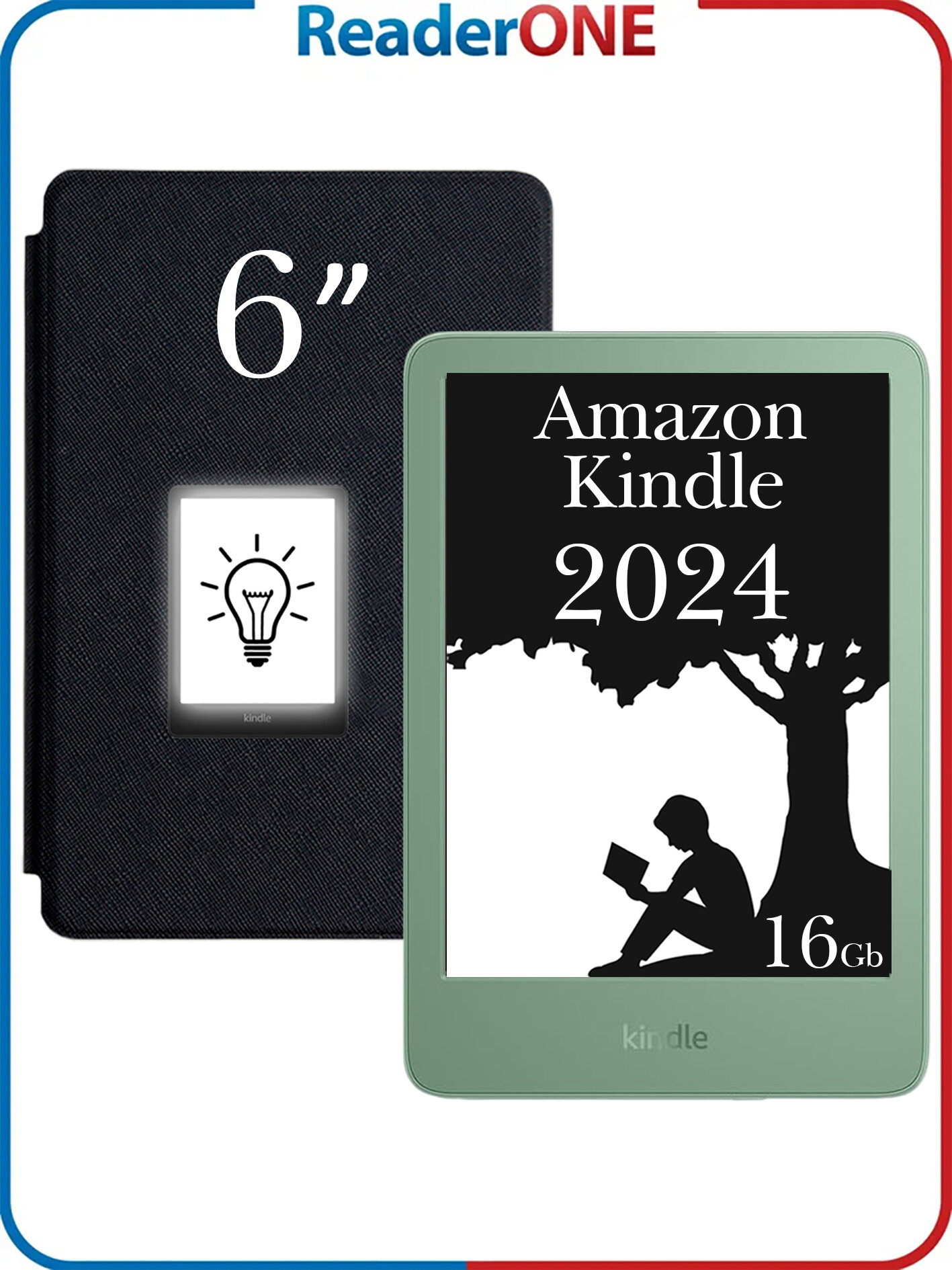 Электронная книга Amazon Kindle 11, 6 дюймов, 2024, 16 Гб, SO, зеленая (Matcha) с обложкой ReaderONE Black