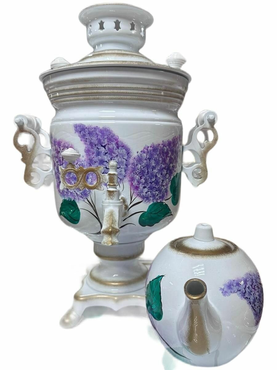 Набор самовар 3 л электрический Сирень на белом фоне