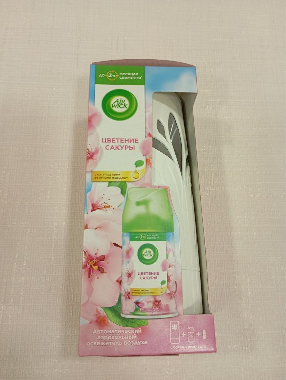 Автоматический распылитель освежителя воздуха Air Wick Freshmatic Cерии Pure с освежителем воздуха в сменном аэрозольном баллоне: Цветущая сакура, в ванную комнату и туалет, спрей для дома