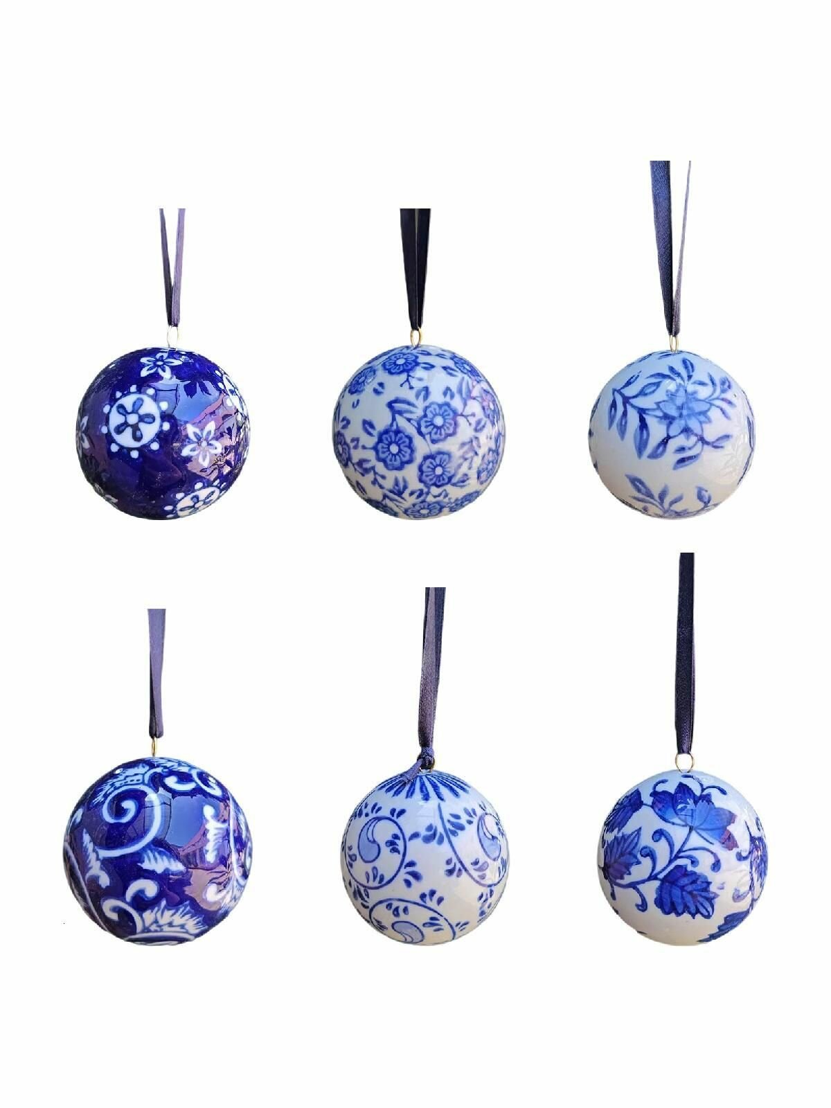Набор_елочных_украшений, Набор из 6 штук, шар-подвеска для рождественской елки из синего и белого фарфора