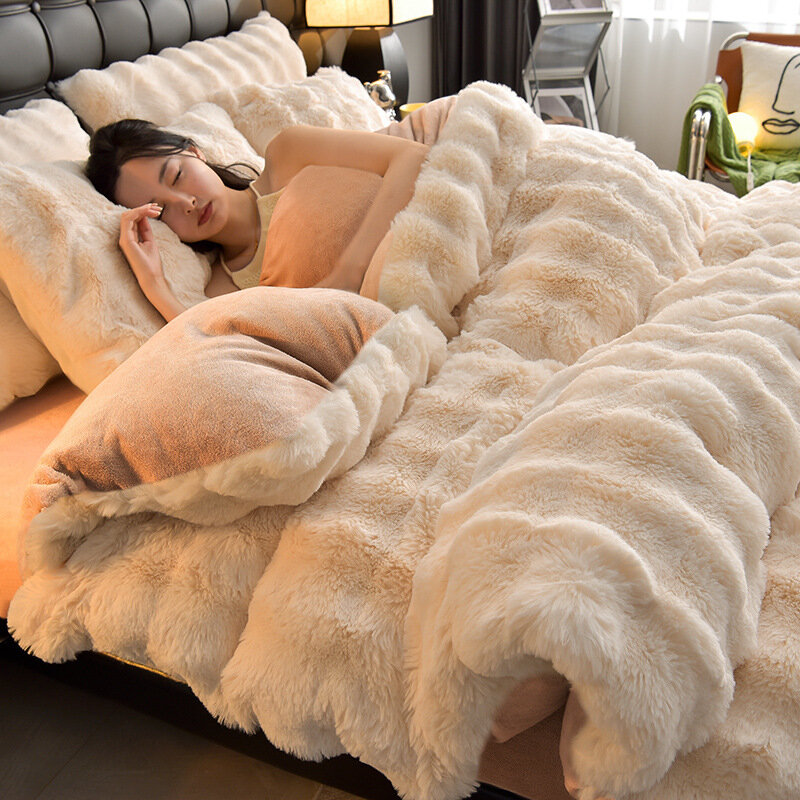 Комплект постельного белья из кроличьего флиса из четырех частей, пододеяльник из молочного флиса, зимняя утолщенная простыня из кораллового флиса, пододеяльник, комплект постельного белья из трех частей на флисовой подкладке,200*230cm