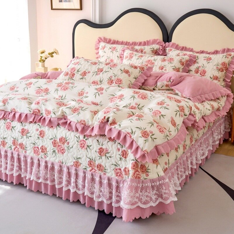Комплект из четырех предметов постельного белья из хлопкового пузырчатого материала типа А, комплект из трех предметов стеганой простыни в корейском стиле «Принцесса», пододеяльник с кружевной отделкой в стиле принцессы,230*260cm