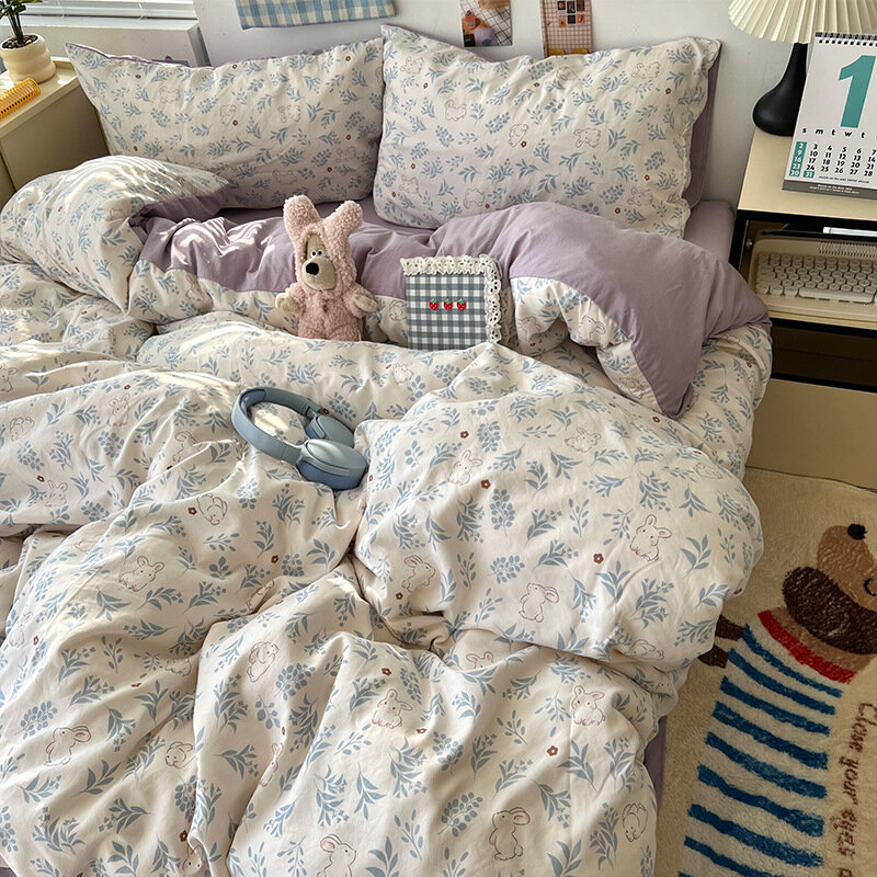 Комплект из четырех простыней из стираного хлопка с милым рисунком (класс А), осеннее постельное белье, пододеяльник для студенческого общежития, комплект из трех предметов,200*230cm