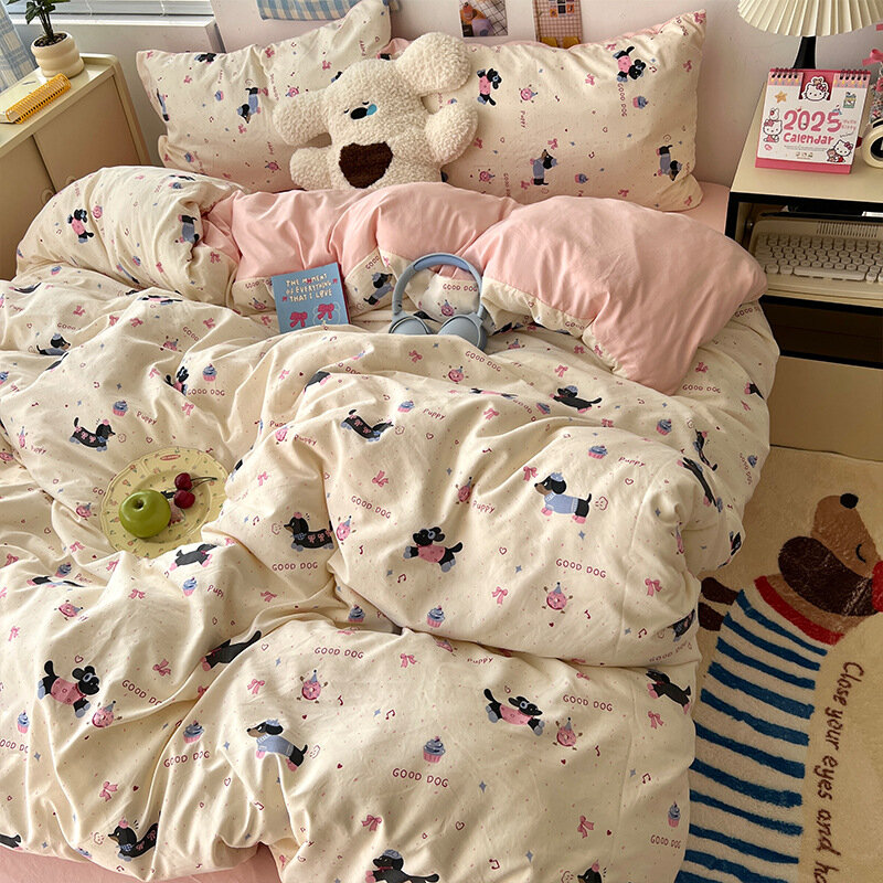 Комплект из четырех простыней из стираного хлопка с милым рисунком (класс А), осеннее постельное белье, пододеяльник для студенческого общежития, комплект из трех предметов,150*200cm