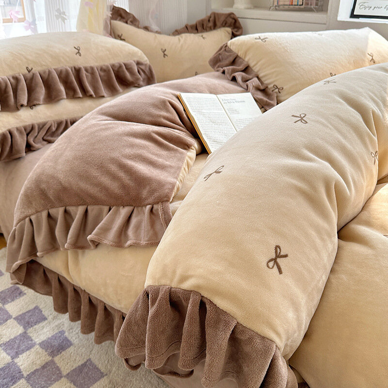 Комплект постельного белья из молочного флиса во французском стиле из четырех предметов, пододеяльник из кружевного флиса кораллового цвета класса А, зимнее утепленное постельное белье, простыня на флисовой подкладке,200*230cm