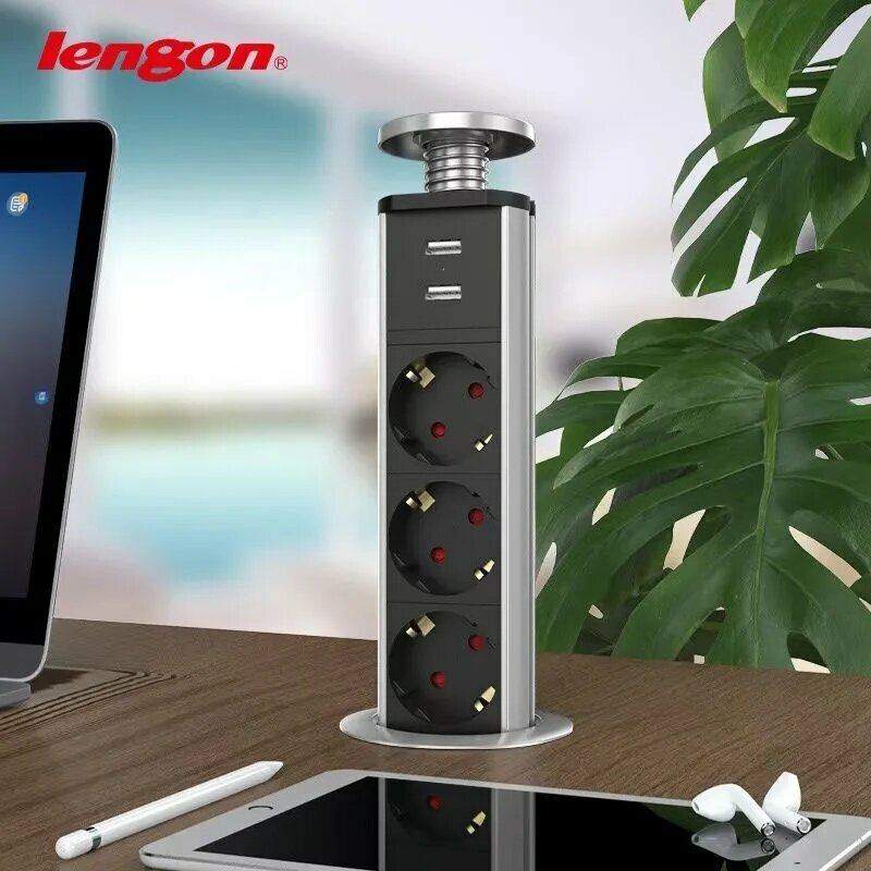 Встраиваемая выдвижная розетка для столешницы, скрытый удлинитель для кухни на 4 розетки с заземлением серебристый провод 1.8 м