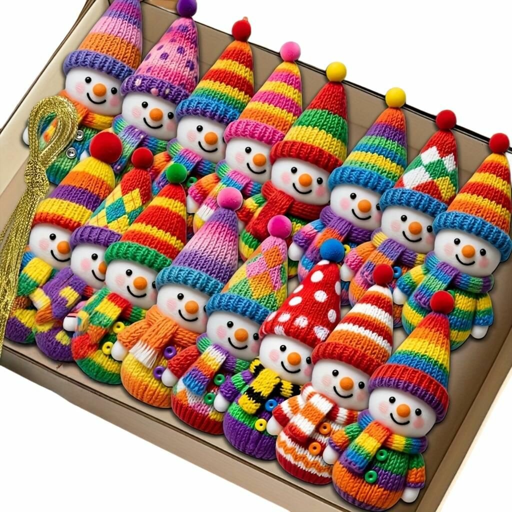Деревянный вязаный снеговик в цветном стиле - набор из 16 предметов