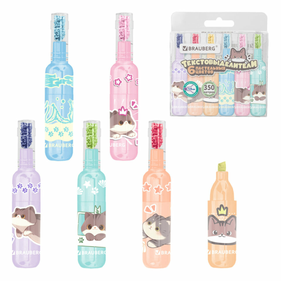 Набор текстовыделителей 6 пастельных цветов, кросс-серия милые коты, линия 1-5 мм, BRAUBERG, 152619, 152619