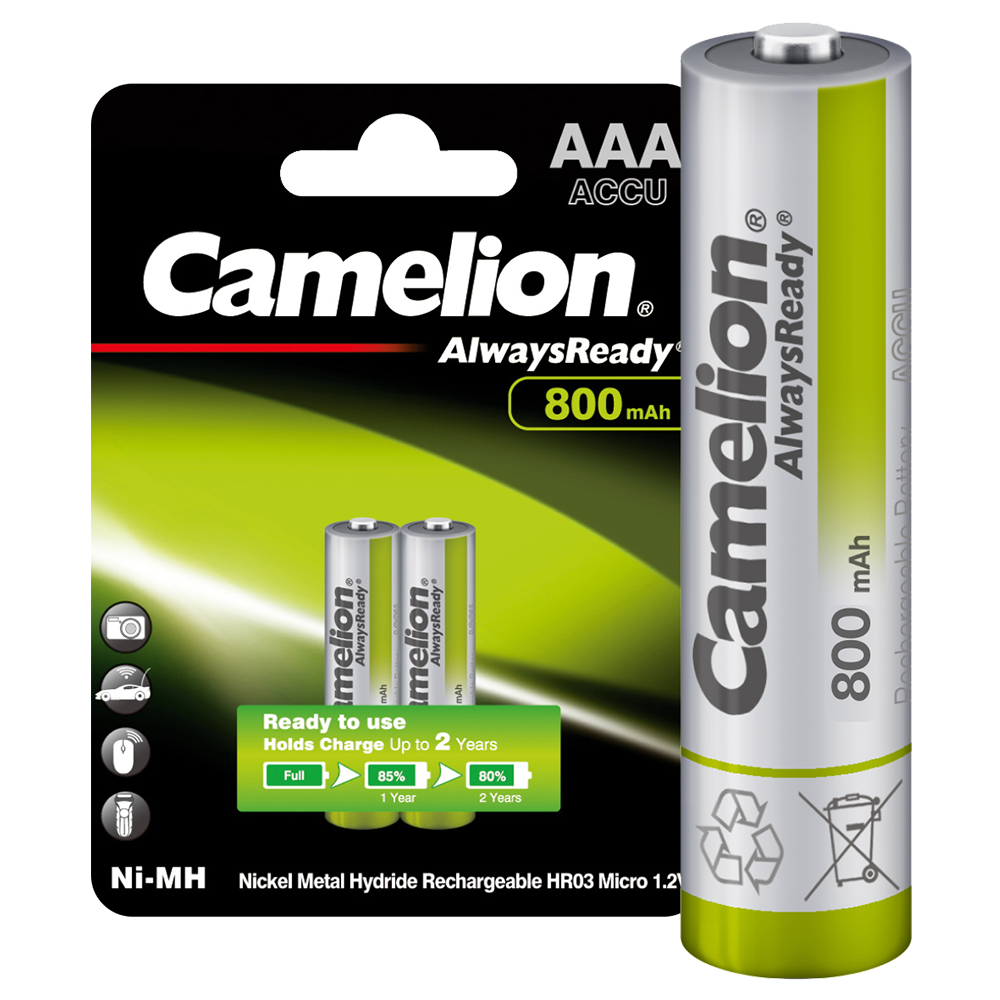 Аккумуляторные батарейки мизинчиковые Camelion Always Ready AAA- 800mAh Ni-Mh BL-2, 1.2В