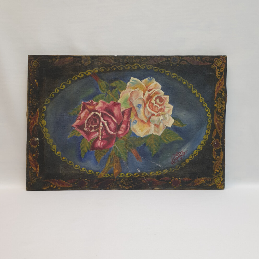 Картина Розы, масло 47х32 см, дефекты, винтаж СССР