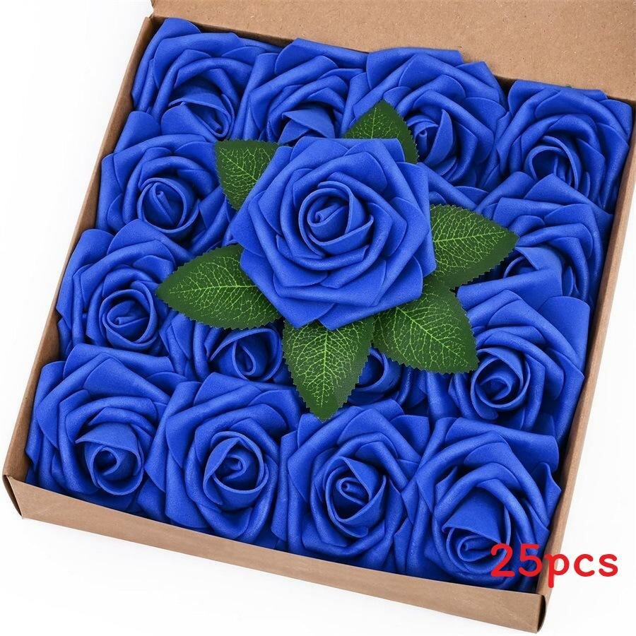Foam rose flower head for wedding and party decor with stem for photography and gift, blue