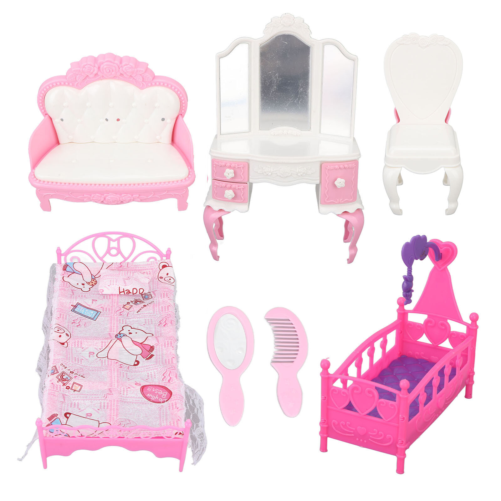 Комплект для спальни кукольного домика Кровать Туалетный столик Диван Табурет Мебель для спальни кукольного домика Аксессуары Набор для кукольного домика 1/12