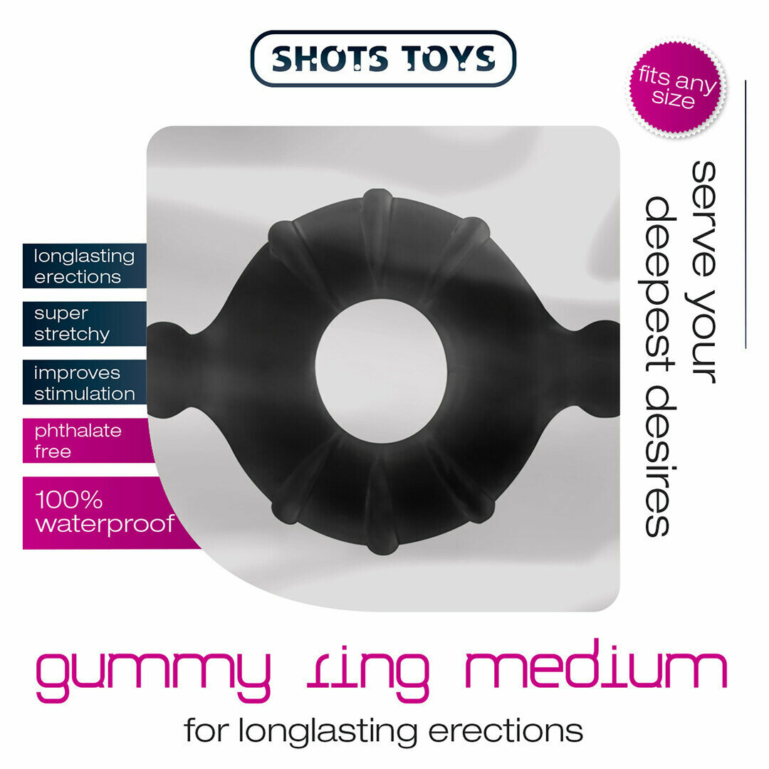 Эрекционное кольцо Shots Media "Gummy Ring", для пениса, ребристая поверхность, черный. Размер M