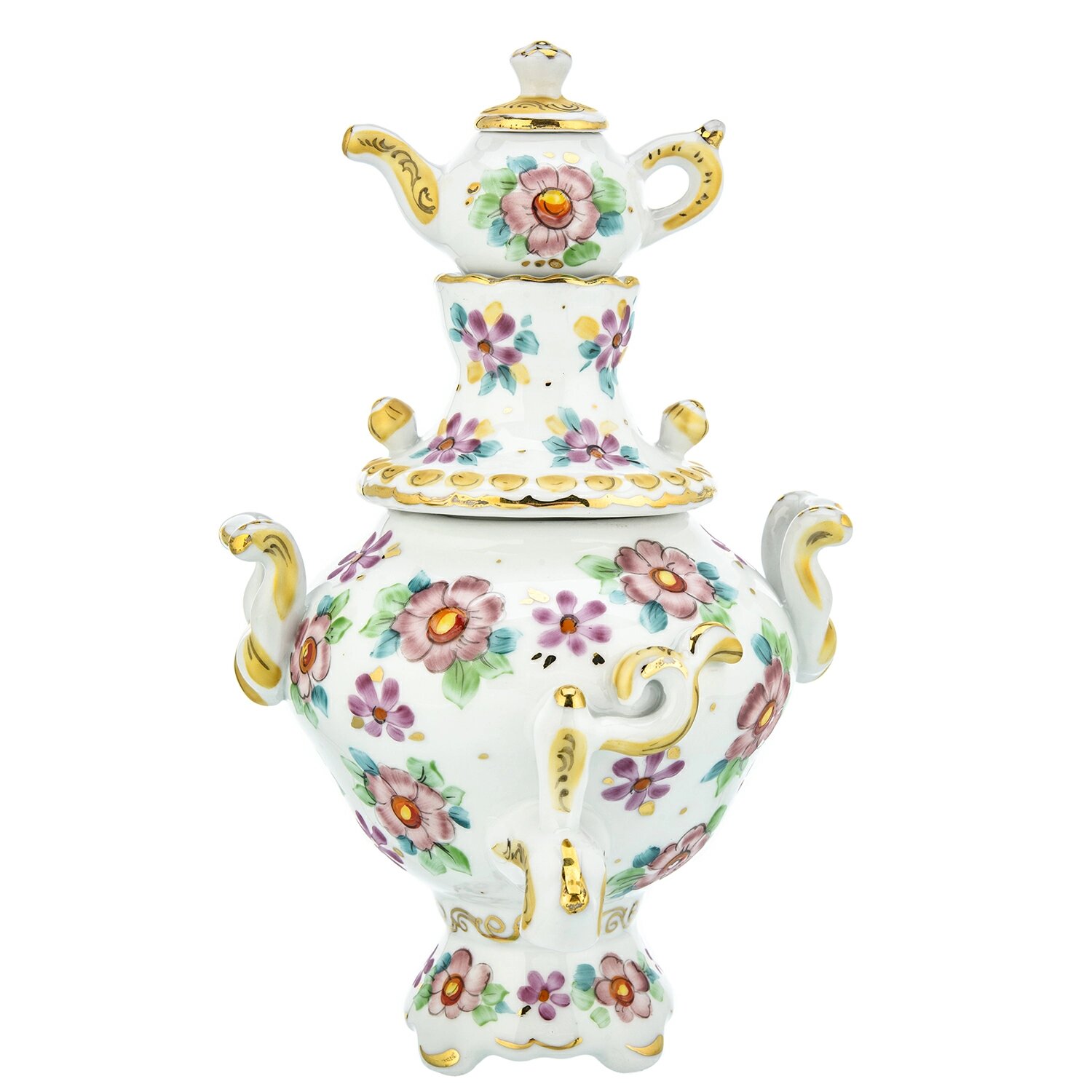 0078394 Гжель Самовар сувенирный "цветы" в цвете и золоте Авт. Тарыгин М. В.