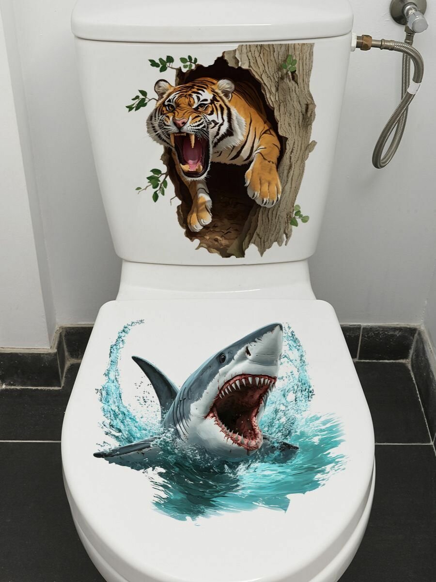 Супер властные самоклеящиеся наклейки для украшения туалета с изображением тигра и акулы