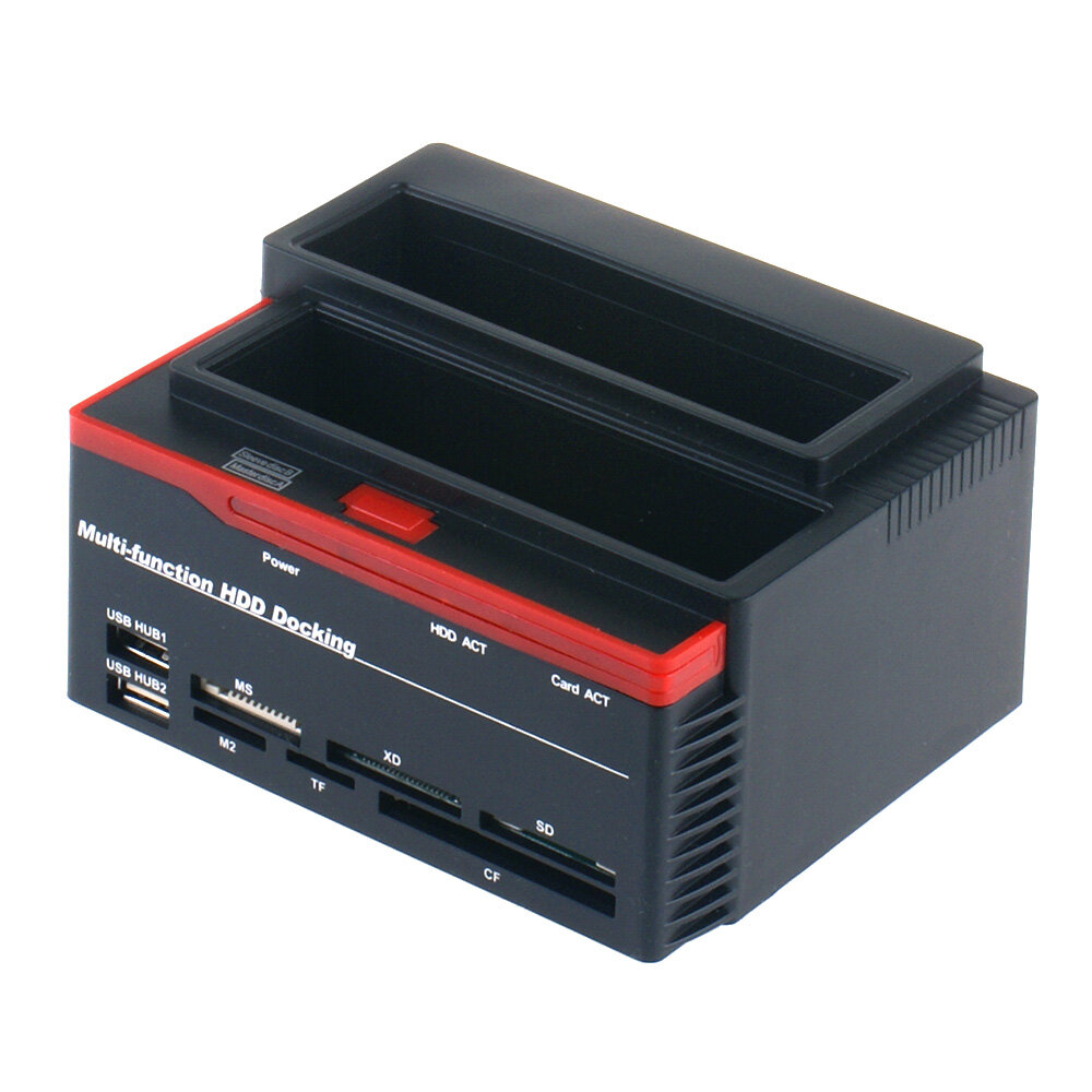 IDE HDD Docking Station 2.5/3.5, поддержка 2.5/3.5 и IDE жестких дисков, USB 2.0 HUB, кардридер MS/M2/XD/CF/SD/TF, черно-красный цвет, объем до 2ТБ, интерфейс USB 2.0, размеры 134x103x65mm, вес 236г, адаптер 12V 3A