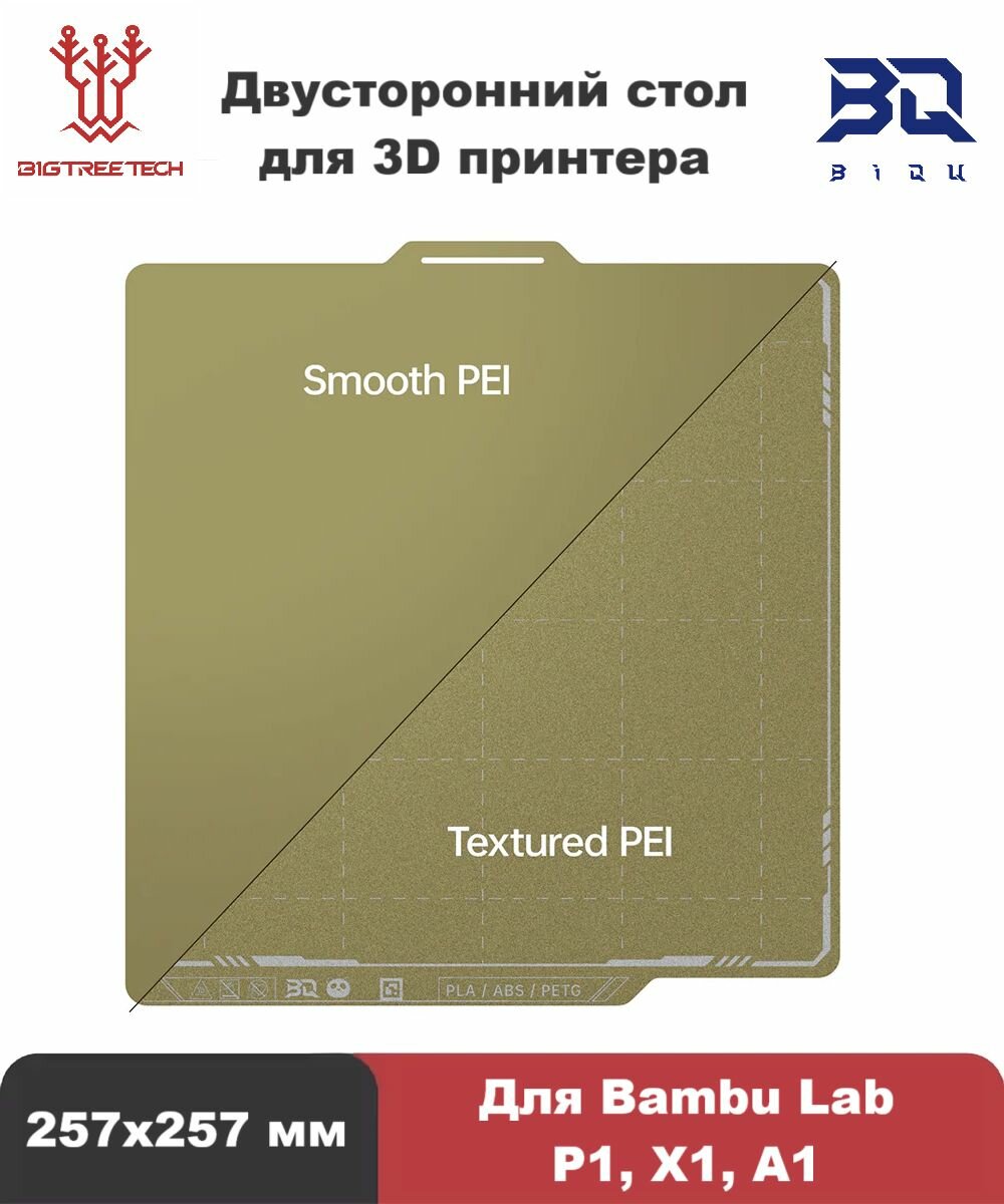 Двусторонний стол пластина гладкий PEI + шероховатый PEI 3D принтера Bambu Lab P1, X1, A1, 257x257 мм - BIQU Panda Build Plate от производителя BIQU (BIGTREETECH)