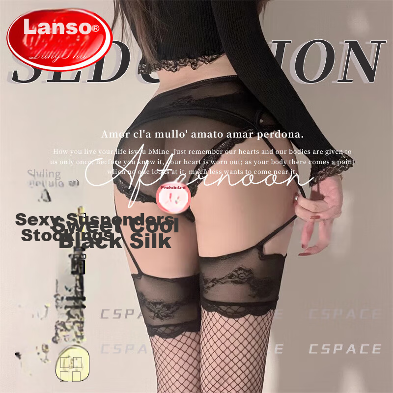 Langsha Black Sexy Lace Fishnet Stockings for Women, Red-Edged Thin Over-Knee Thigh-High Stockings, White Silk