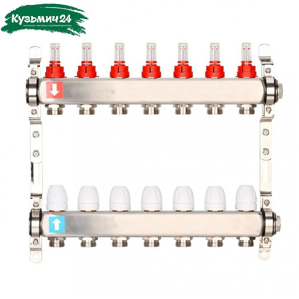 Коллектор регулируемый Gappo Gappo G424.7 с расходомерами, 7 выходов, нержавеющая сталь