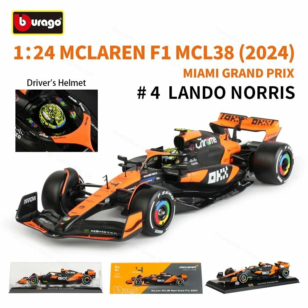 Bburago 1:24 2024 Mclaren Майами MCL38 Формульный болид Формулы-1, Литые под давлением автомобили, коллекционная модель гоночных игрушек