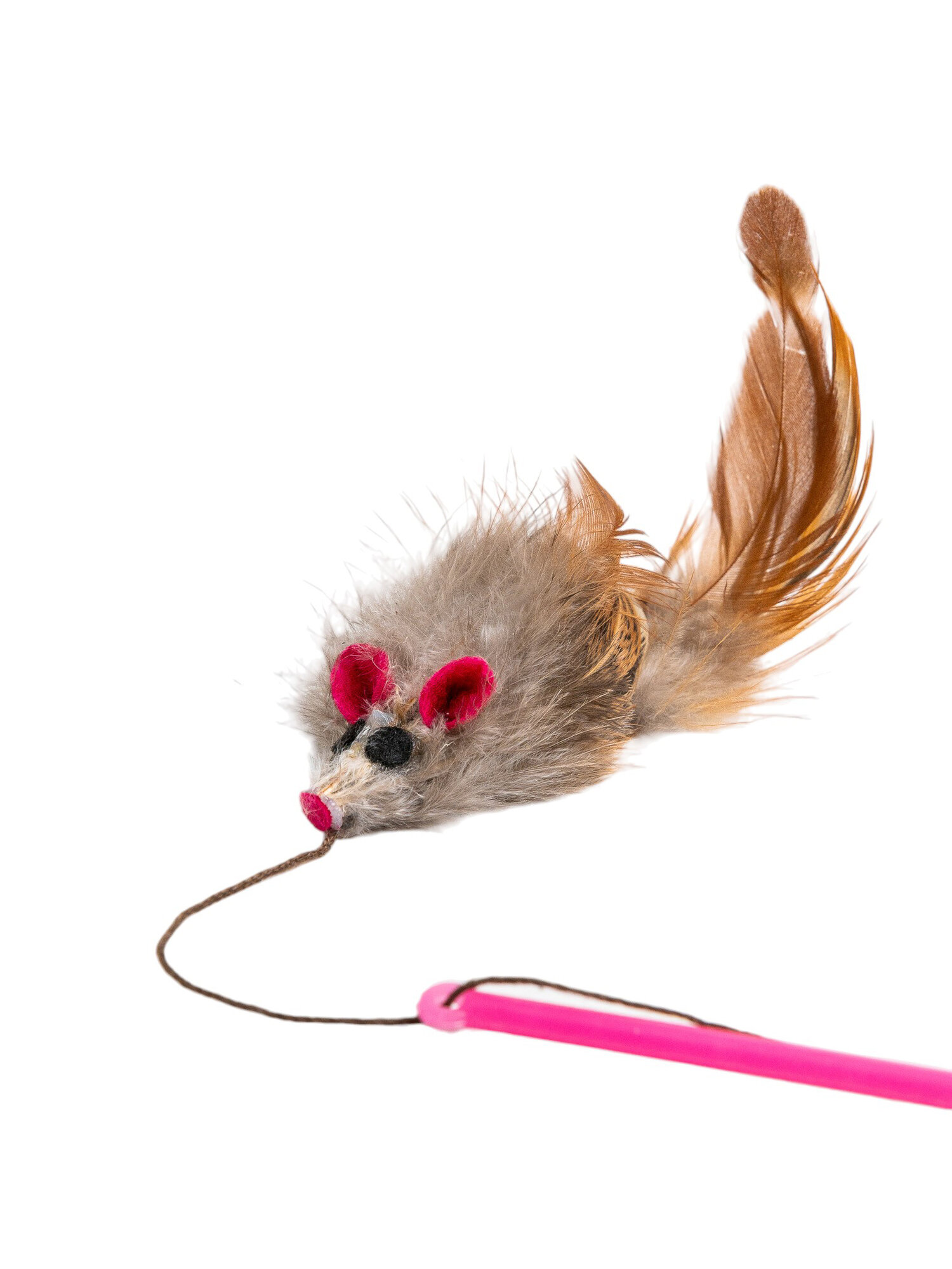 Игрушка для кошек в виде длинной удочки с мышкой-приманкой из натуральных перьев.